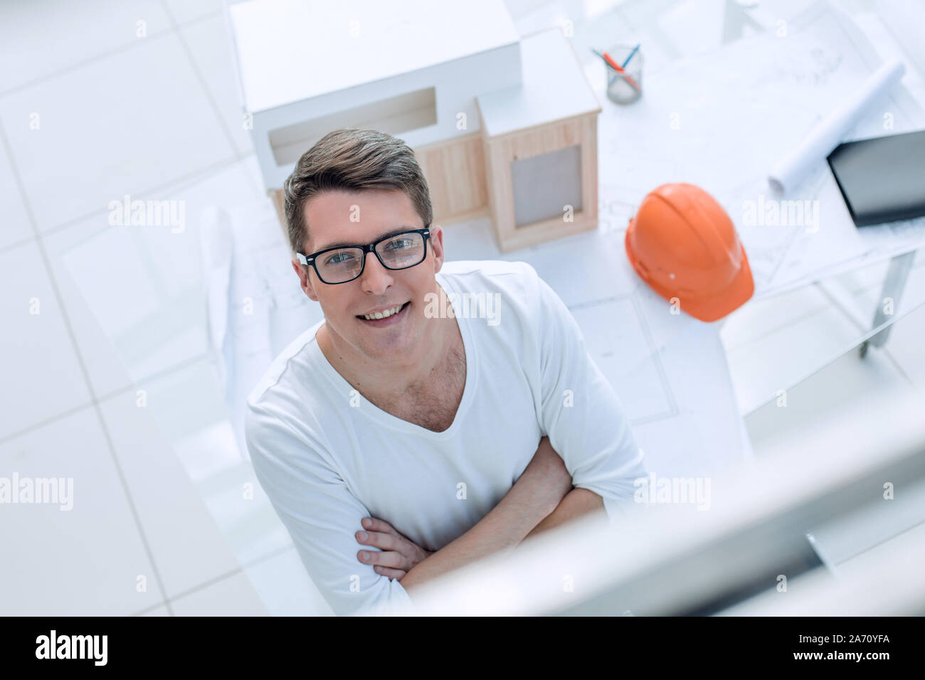 top view. creative young man standing in design Studio Stock Photo - Alamy