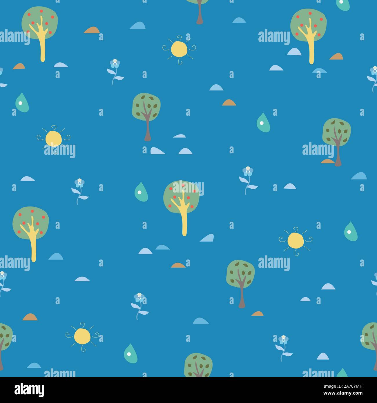 Simple Summer Seamless Pattern with trees, sun, drops of rain, flowers ...