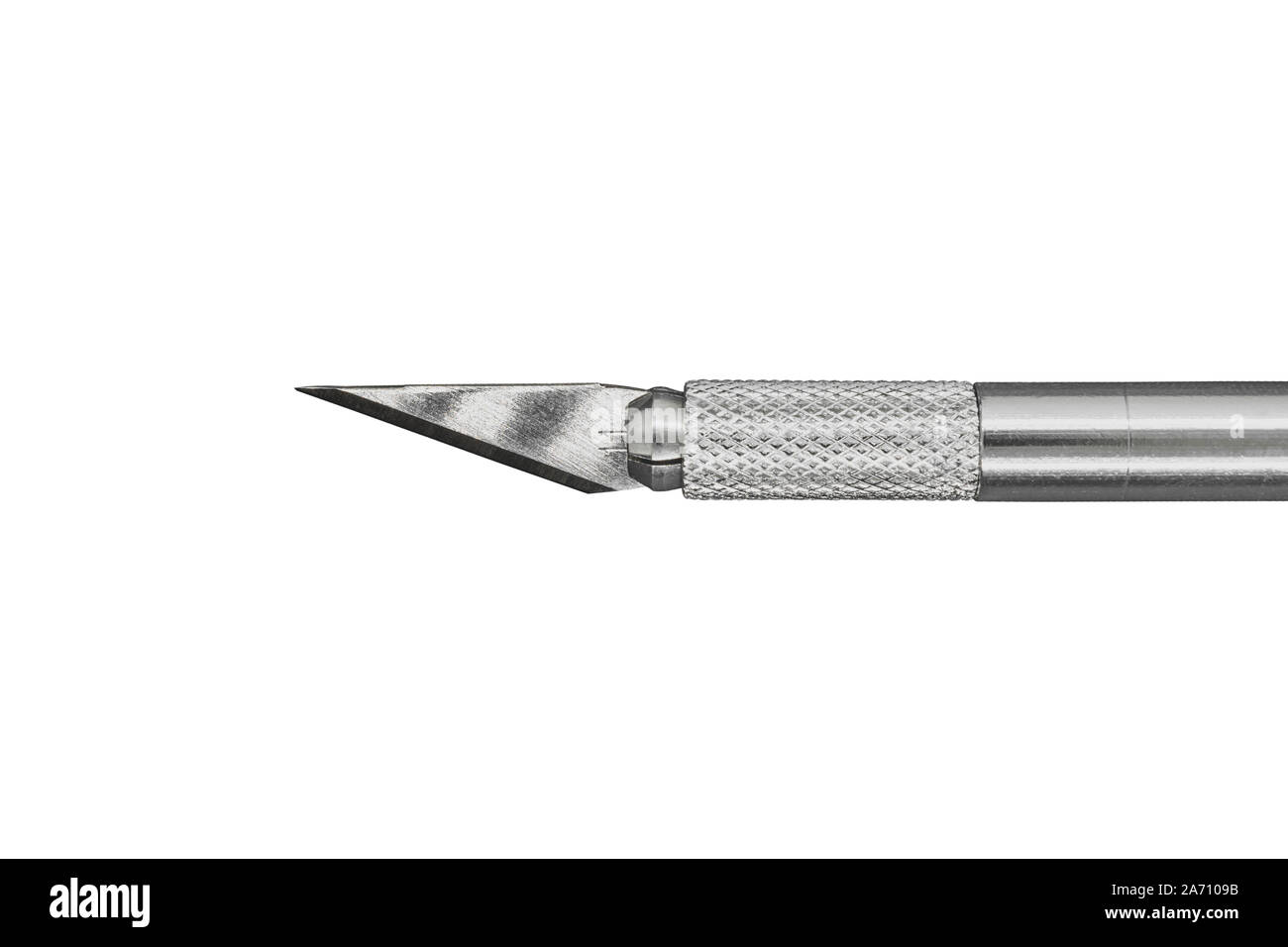 Very sharp silver craft knife isolated on white background. Blade is in ...