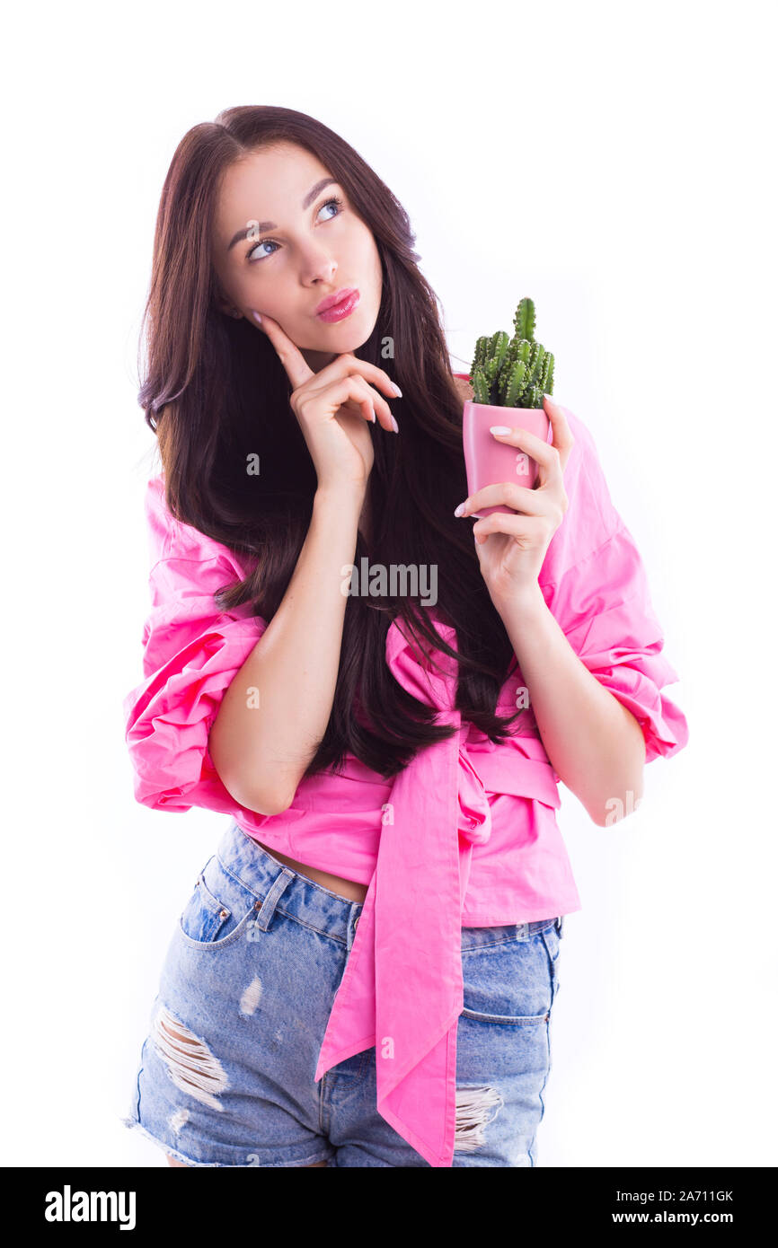 Cheerful Bright Girl in pink clothes on isolated white background Stock ...