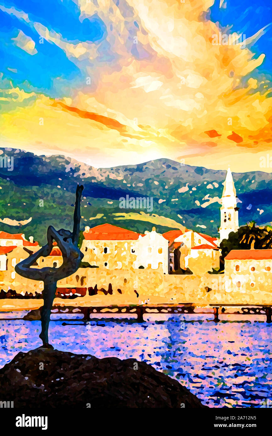 Beautiful view of the sculpture Ballerina Dancer of Budva at sunset ...