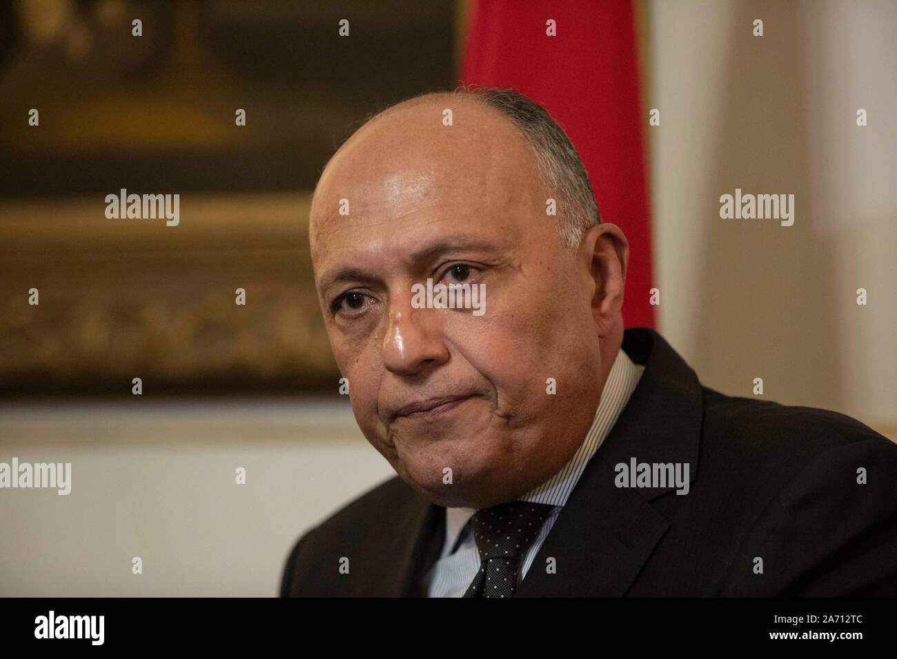 29 October 2019, Egypt, Cairo: Egyptian Foreign Minister Sameh Shoukry attends a joint press ...