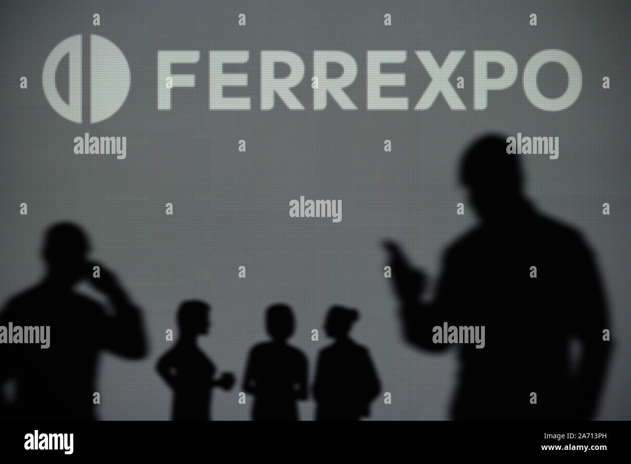 The Ferrexpo logo is seen on an LED screen in the background while a ...