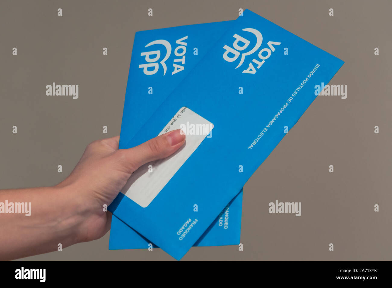 Spanish presidential Elections advertising envelopes. PSOE, VOX, PP and ...