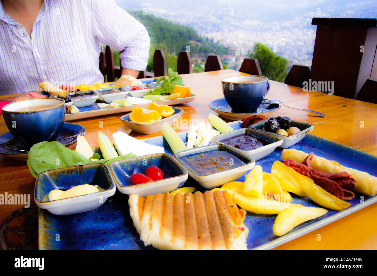 Traditional Turkish or Mediterranean breakfast, served in beautiful ...