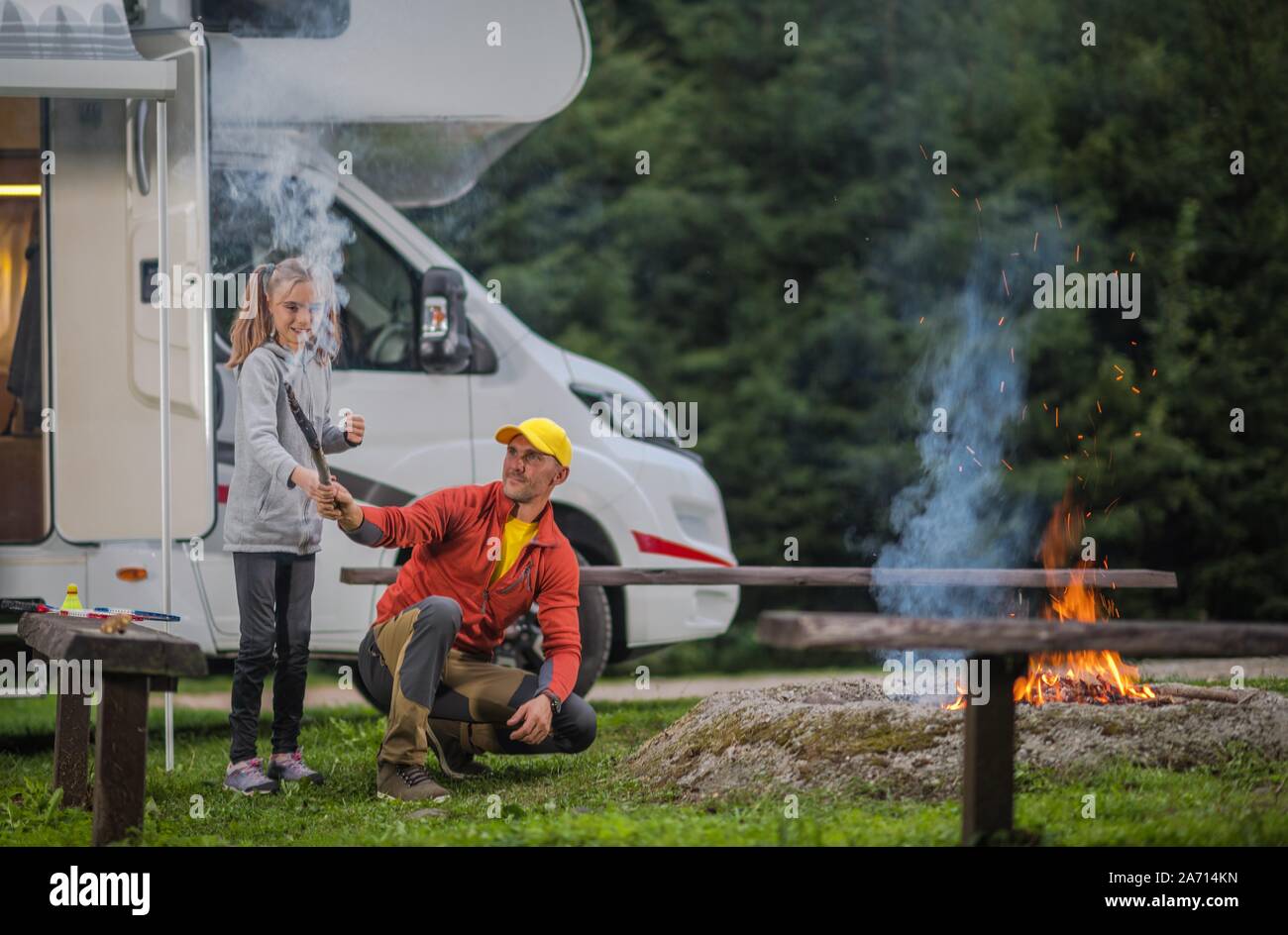 Summer Family RV Camp. Father Having Fun with His Daughter in Front of ...