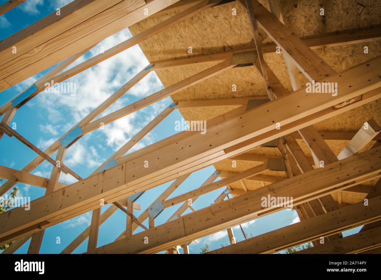 House Building. Covering Wooden Roof Structure with Plywood Boards ...