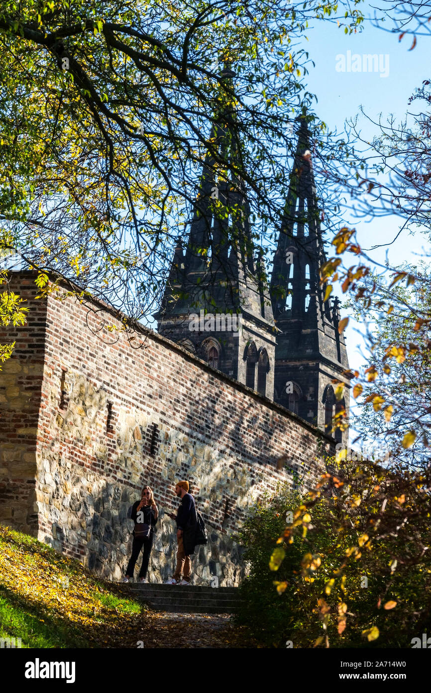 Basilica Prague Vysehrad Castle fort in autumn park, Czech Republic ...