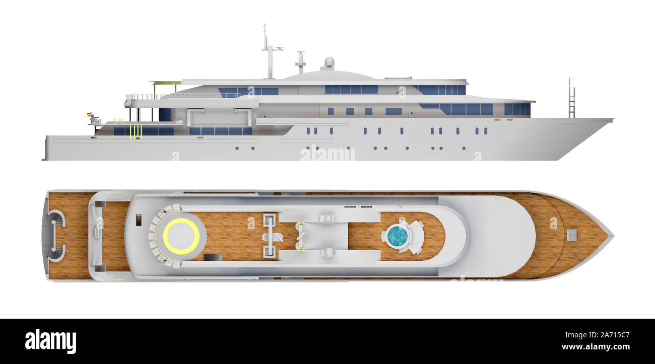 Large yacht isolated on white top and side view. 3d rendering Stock ...