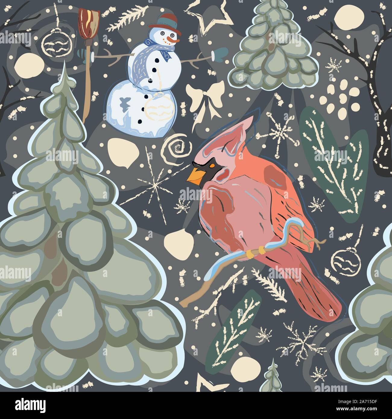 Seamless Winter Pattern with cute Cardinal Bird, Snowman and Spruce ...