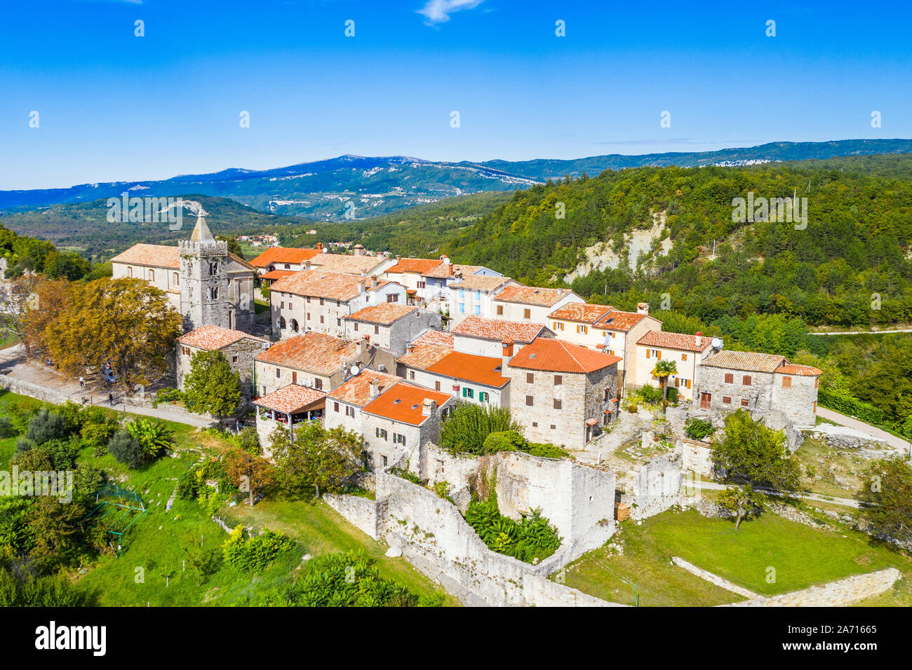 Beautiful old town of Hum on the hill in Istria, Croatia, aerial view ...