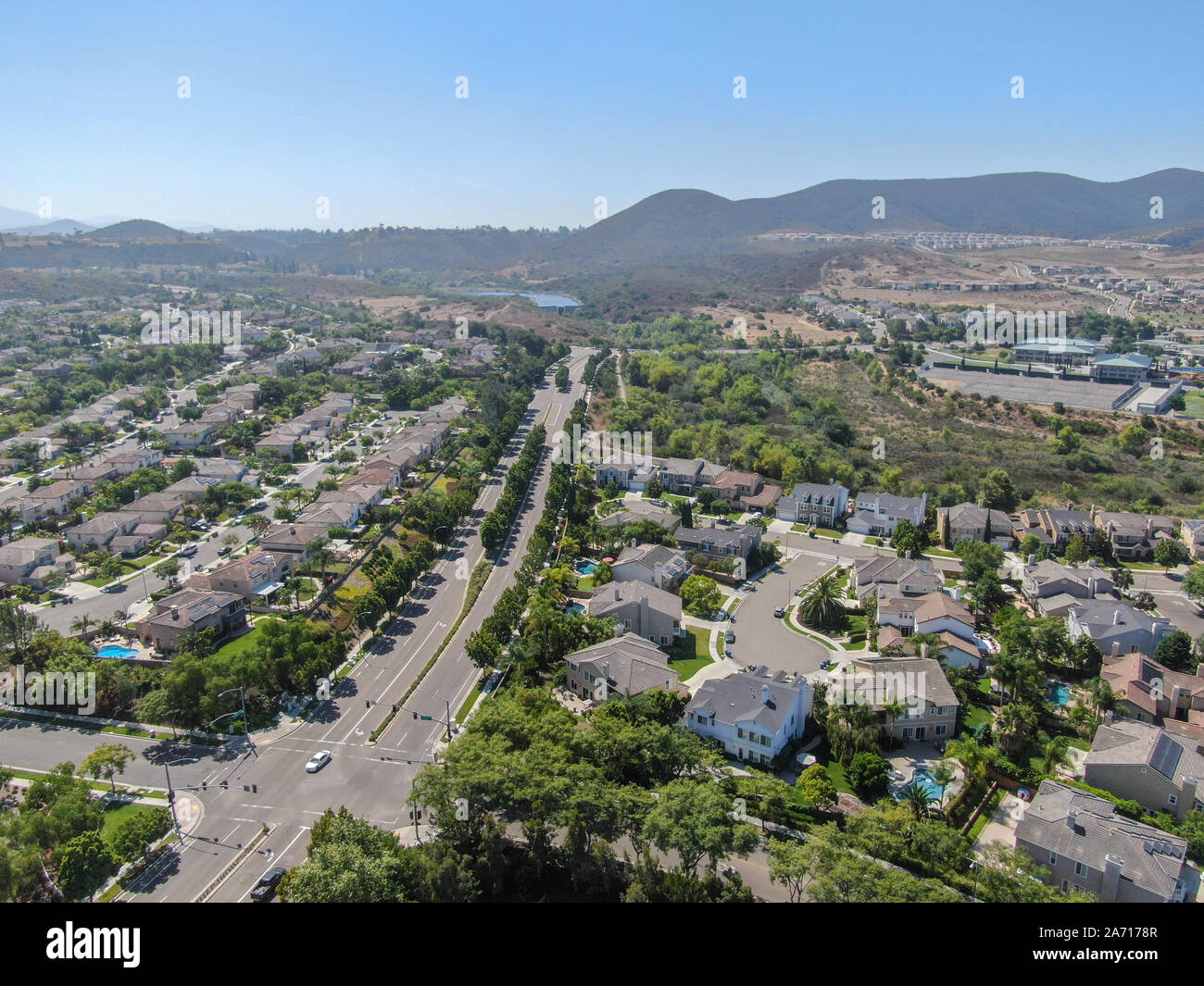 Aerial view suburban neighborhood with big villas next to each other in ...