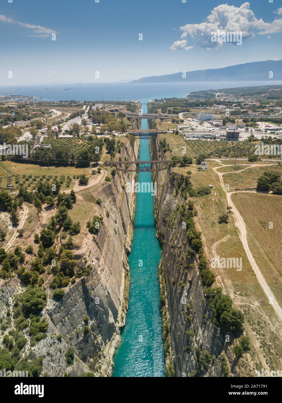 Aerial bird's eye view photo taken by drone of famous Corinth Canal ...