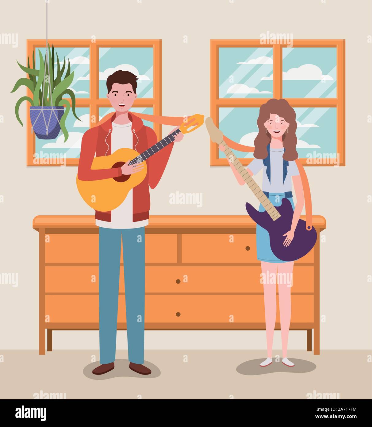couple music band playing instruments characters Stock Vector Image ...