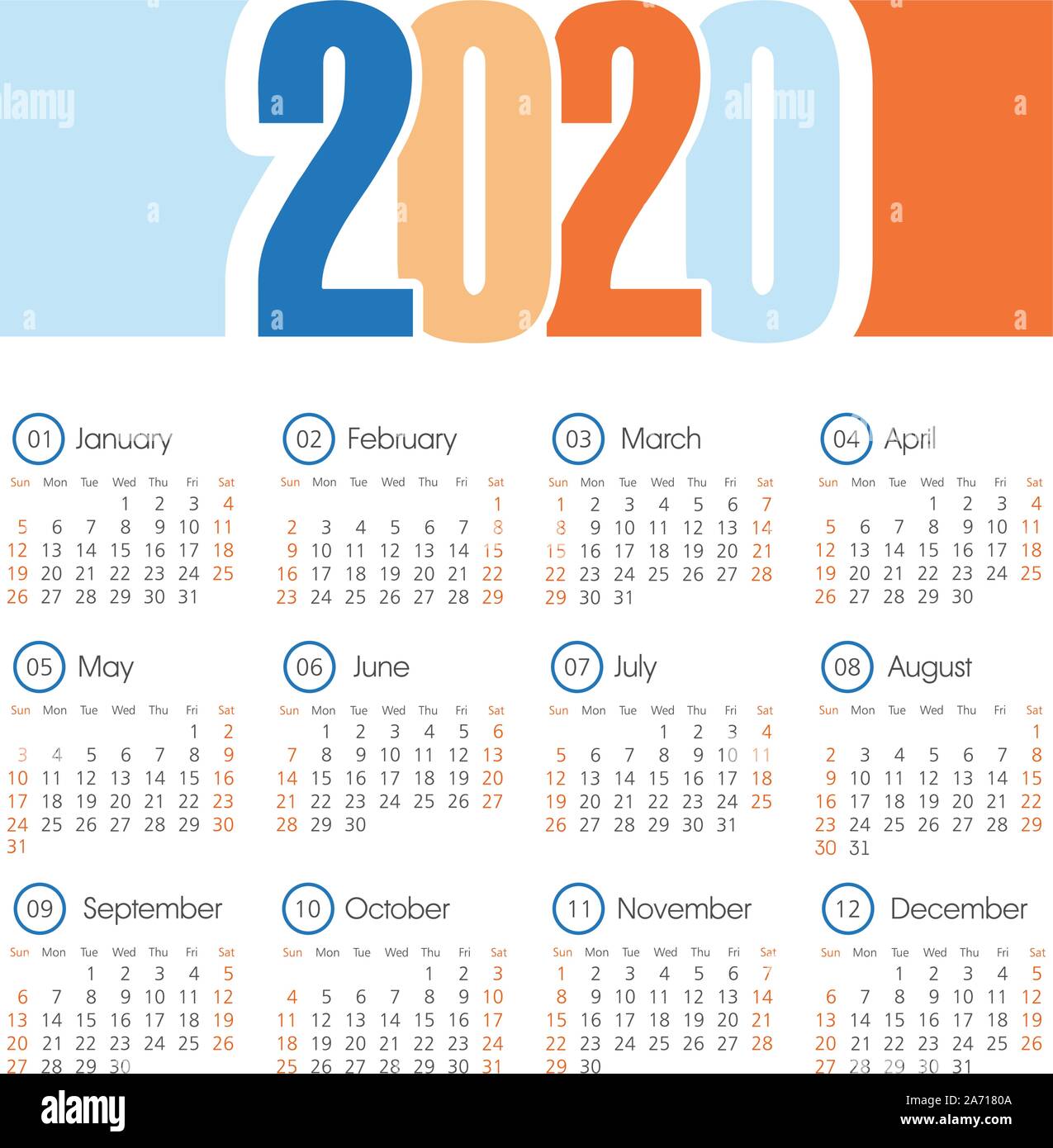 Calendar 2020 year. Color vector template. Week starts on Sunday. Basic ...