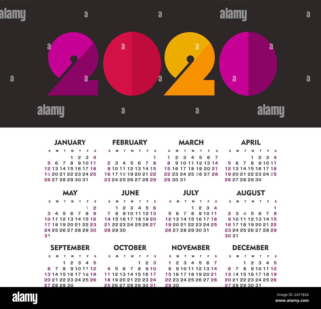 Calendar 2020 year. Color vector template. Week starts on Sunday. Basic ...