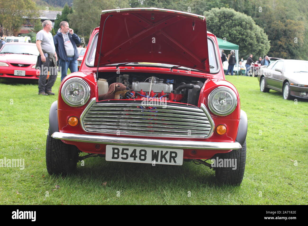 Red 1985 Austin Mini Mayfair with an open bonnet seen at Kilbroney ...