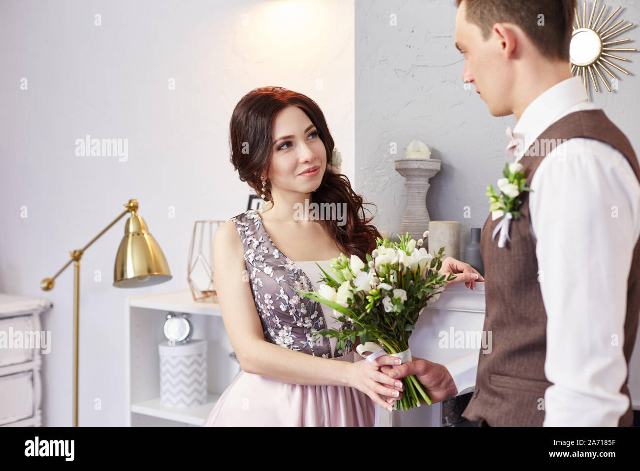 Bride and groom hug and pose for the wedding. Love and tenderness in ...
