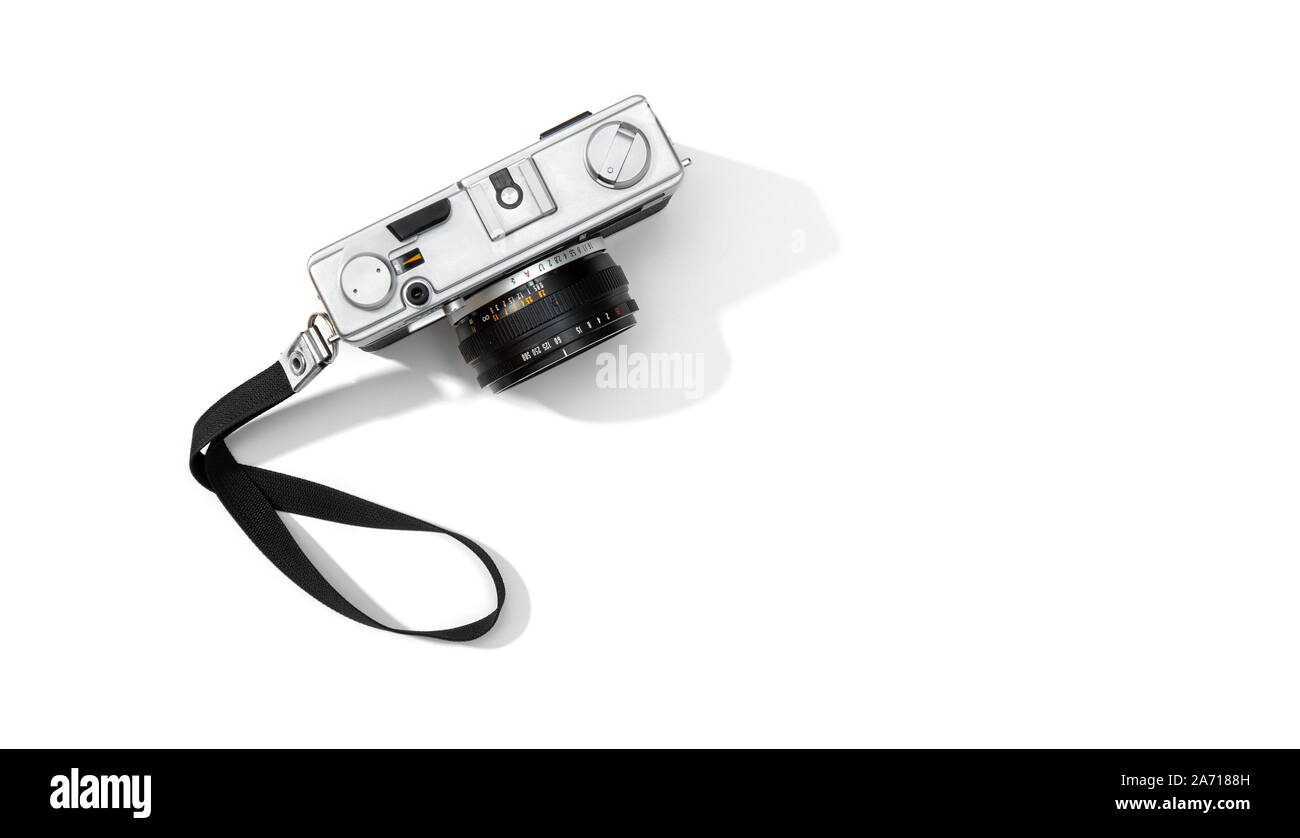 Flat lay film camera isolated on white background. Copy space ...