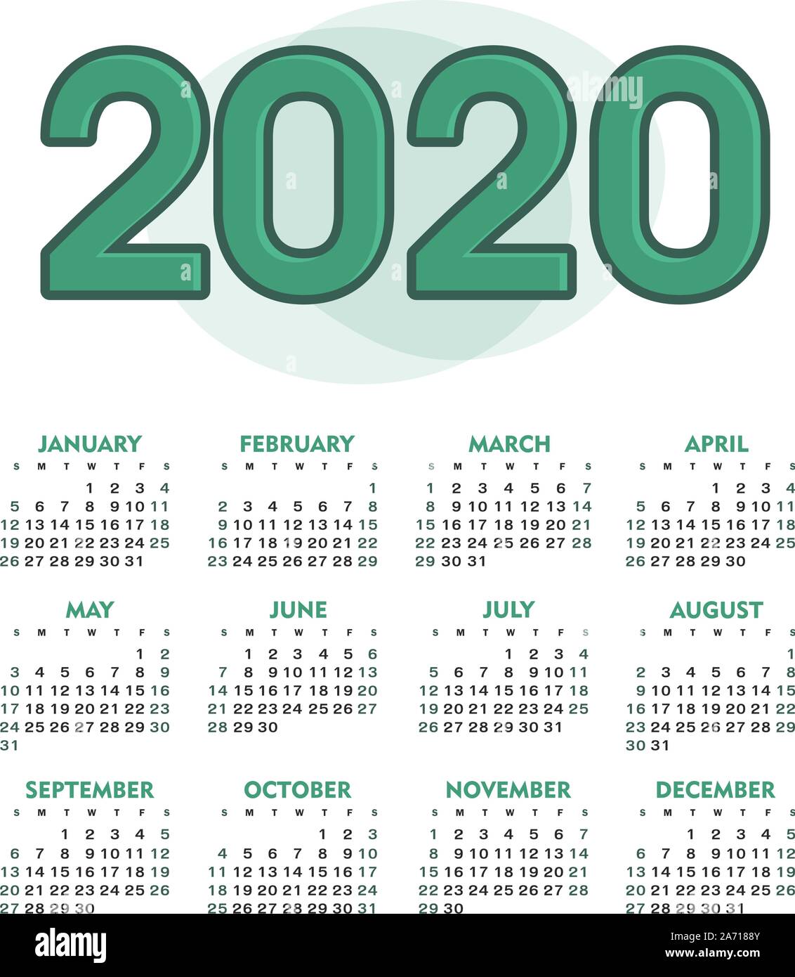 Calendar 2020 year. Color vector template. Week starts on Sunday. Basic ...