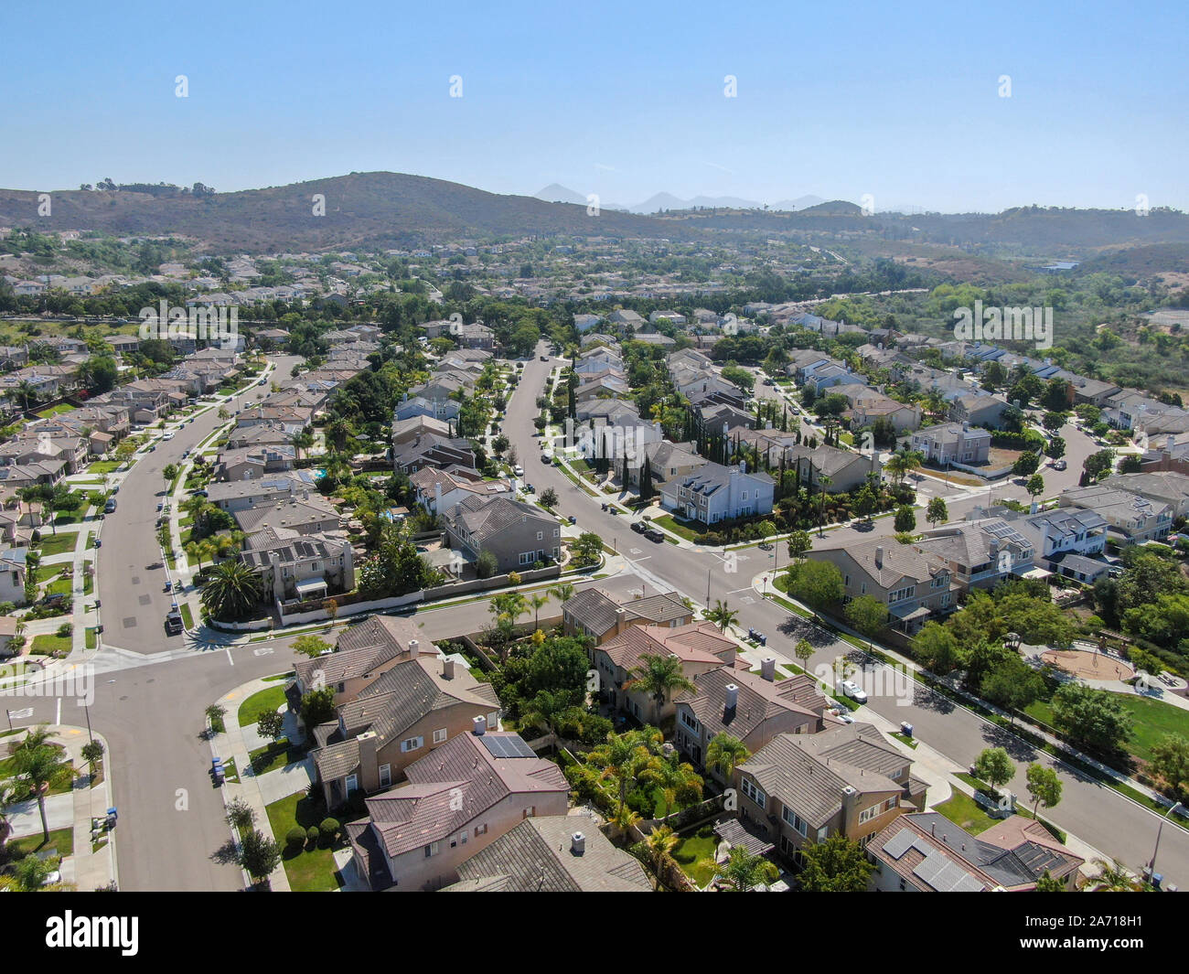 Aerial view suburban neighborhood with big villas next to each other in ...