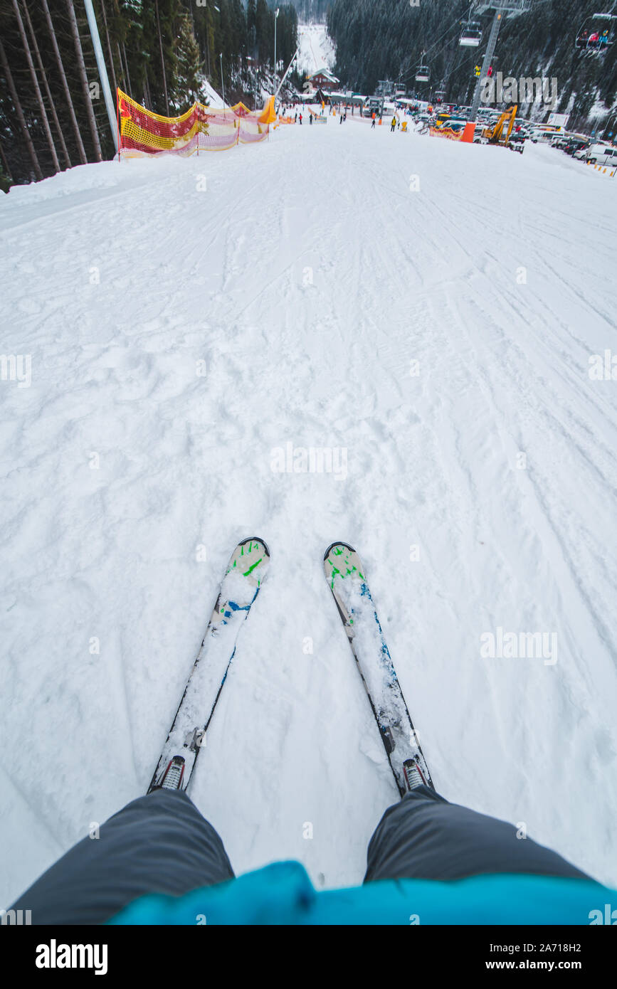 first-person view skiing. winter sport activity. outdoors Stock Photo ...