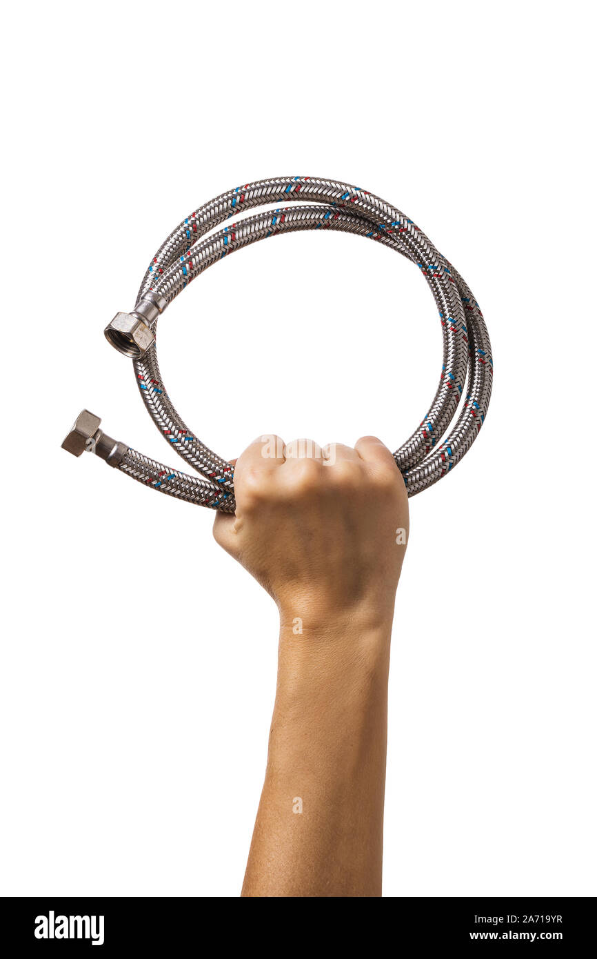 Hand raised up holds plumbing hose isolated on white background Stock ...