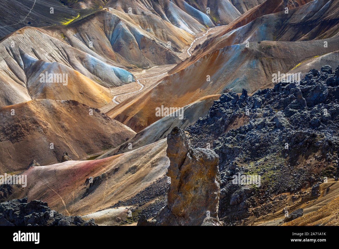 River along a Valley in Landmannalaugar among colorful mountains ...