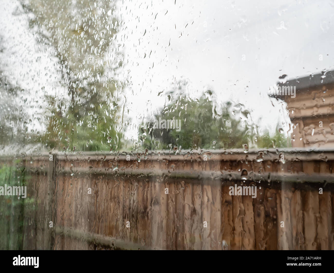 Garden fence seen through rain splattered window Stock Photo - Alamy