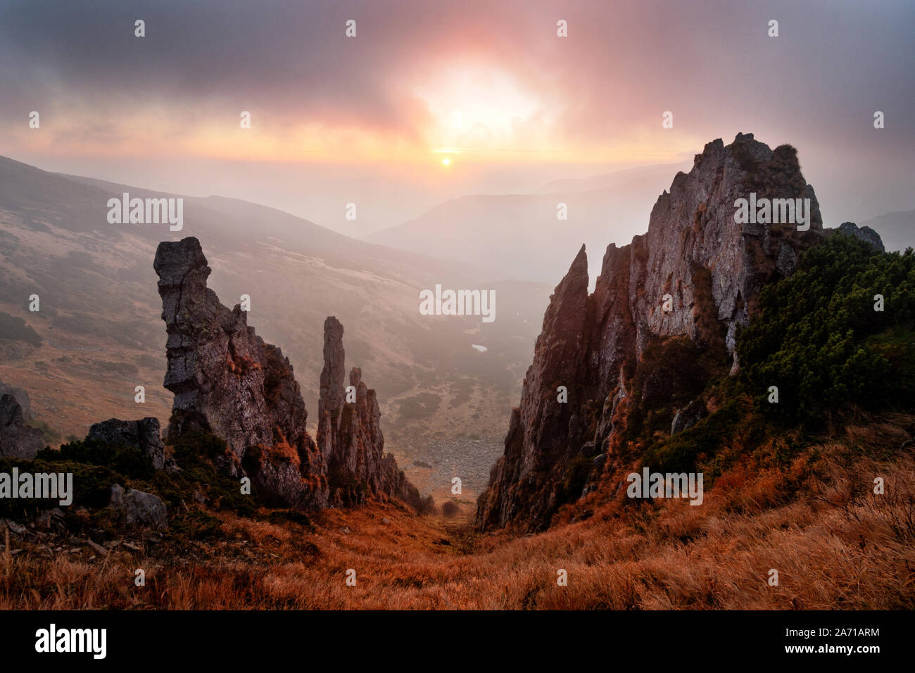 Beautiful sunrise on the famous mountain in Carpathians with fantastic ...