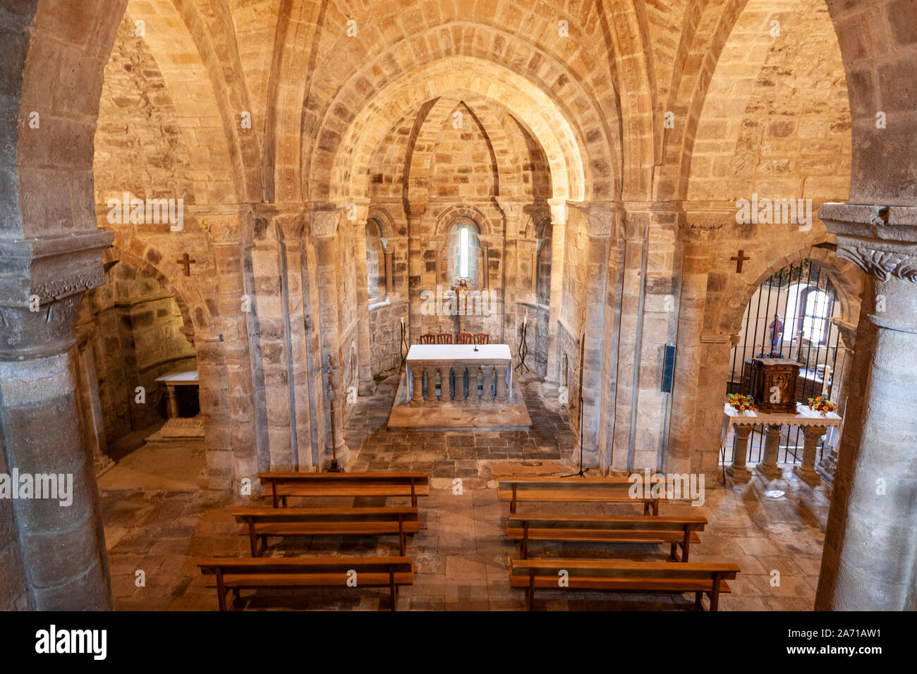 Altar table with Romanesque columns, set of columns with carved shafts ...