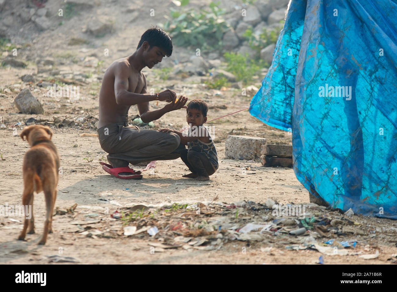 Indian village poor street life nearby famous and wealthy mausoleum Taj ...