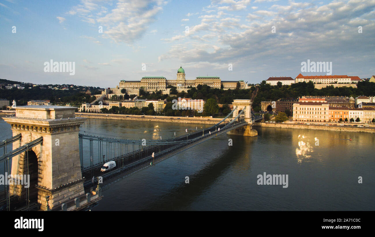 Drone view of Buda Castle with Szechenyi Chain Bridge, Clark Adam ...