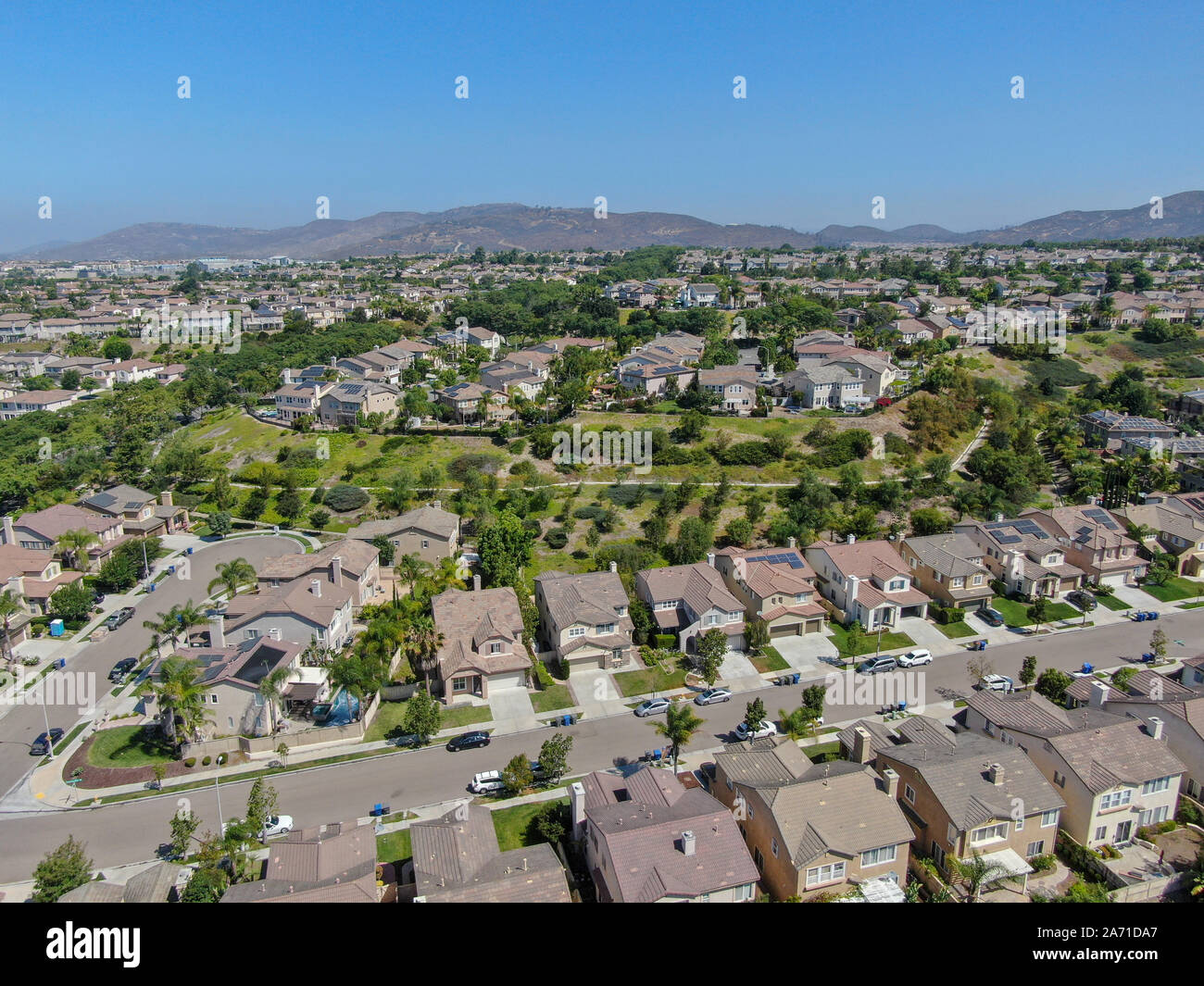 Aerial view suburban neighborhood with big villas next to each other in ...
