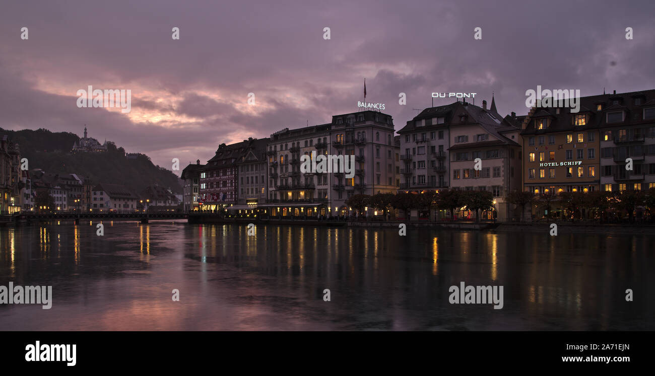 Lucerne in Switzerland by dawn/night during fall seasion Stock Photo ...