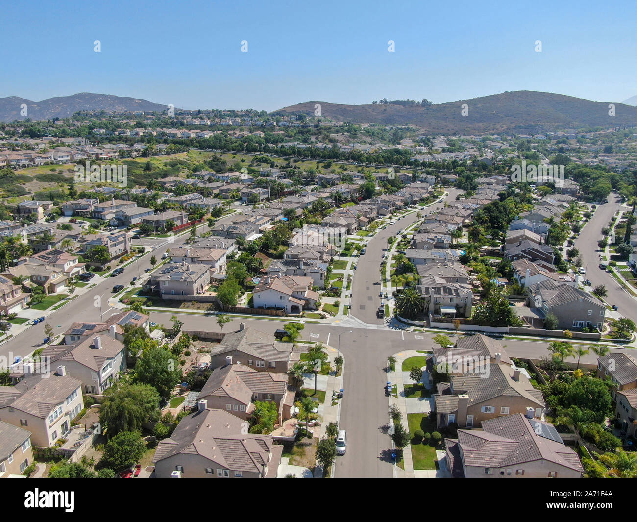 Aerial view suburban neighborhood with big villas next to each other in ...