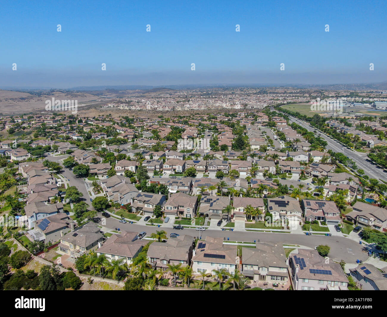 Aerial view suburban neighborhood with big villas next to each other in ...
