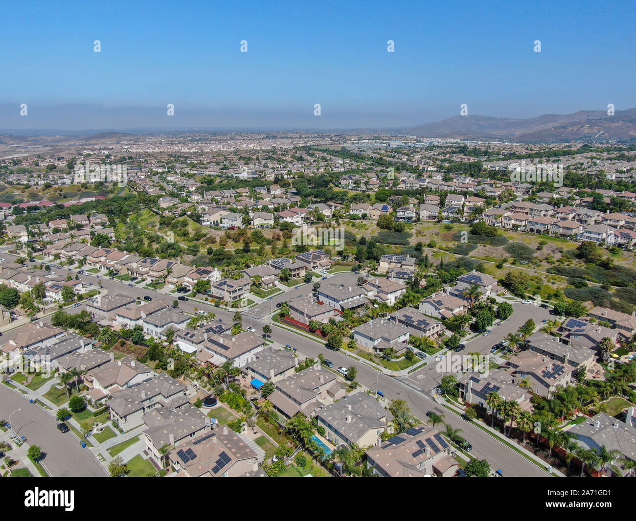 Aerial view suburban neighborhood with big villas next to each other in ...