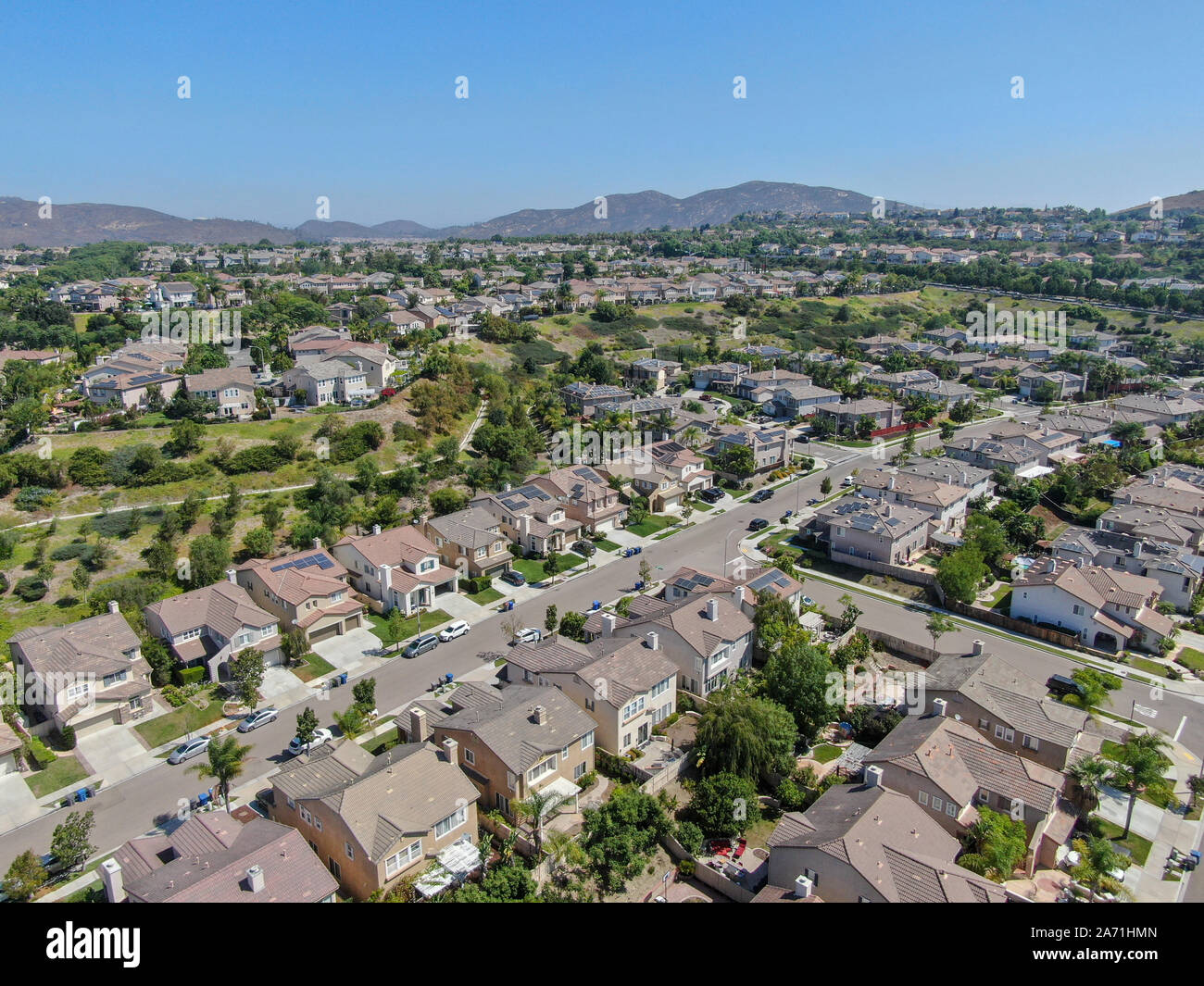 Aerial view suburban neighborhood with big villas next to each other in ...