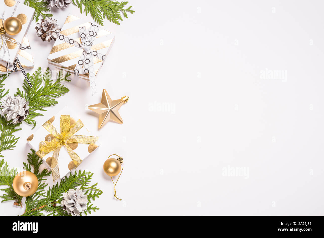 Christmas flat lay background with golden decorations on white Stock ...
