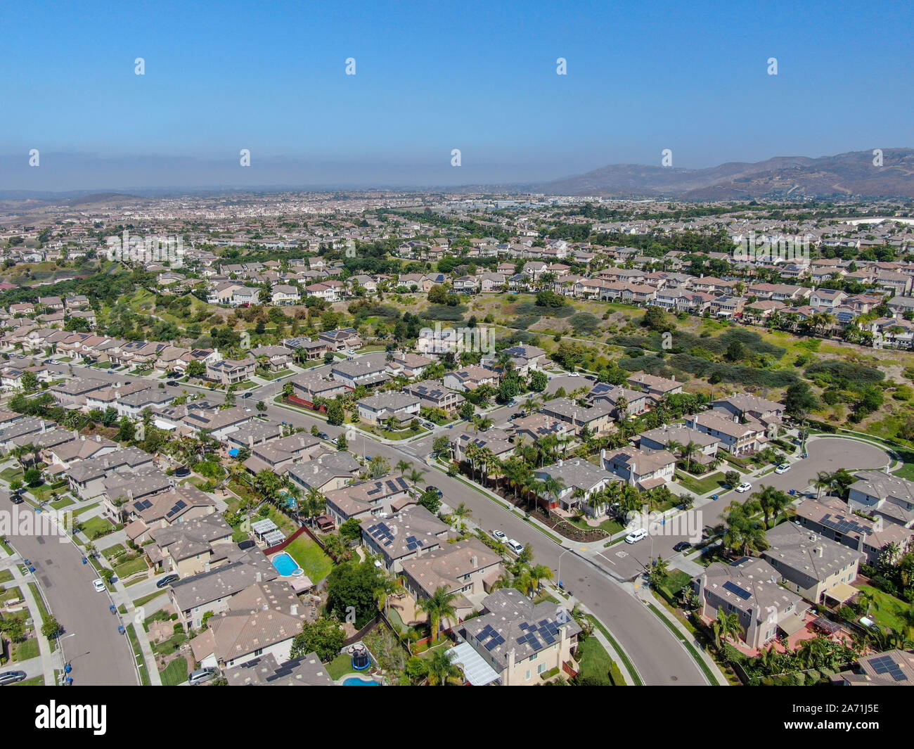 Aerial view suburban neighborhood with big villas next to each other in ...