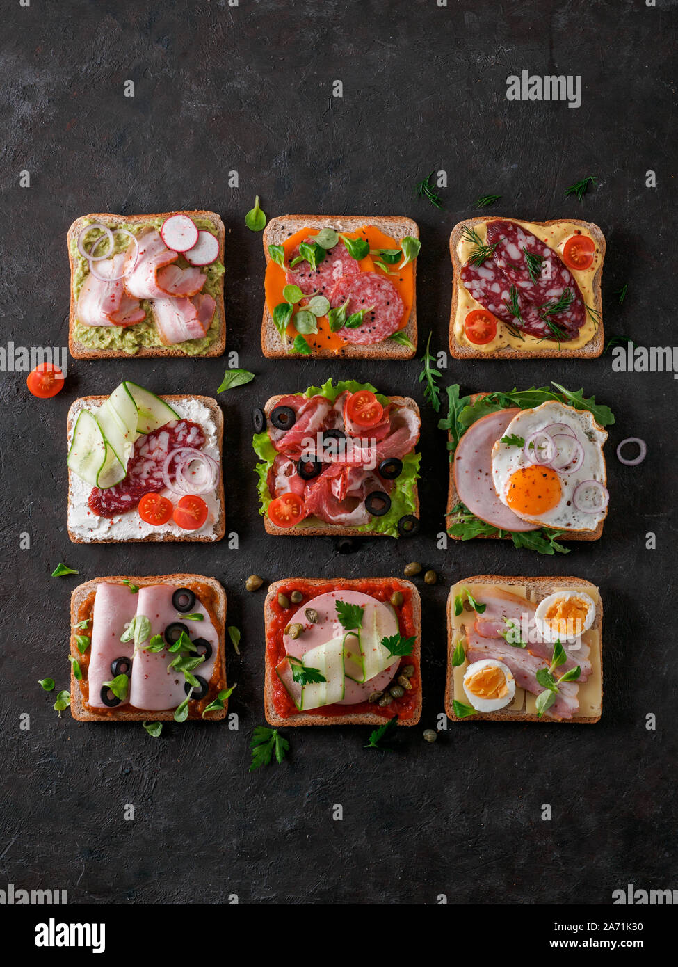 Set of eight different sandwiches with meat in square shape, copy space ...