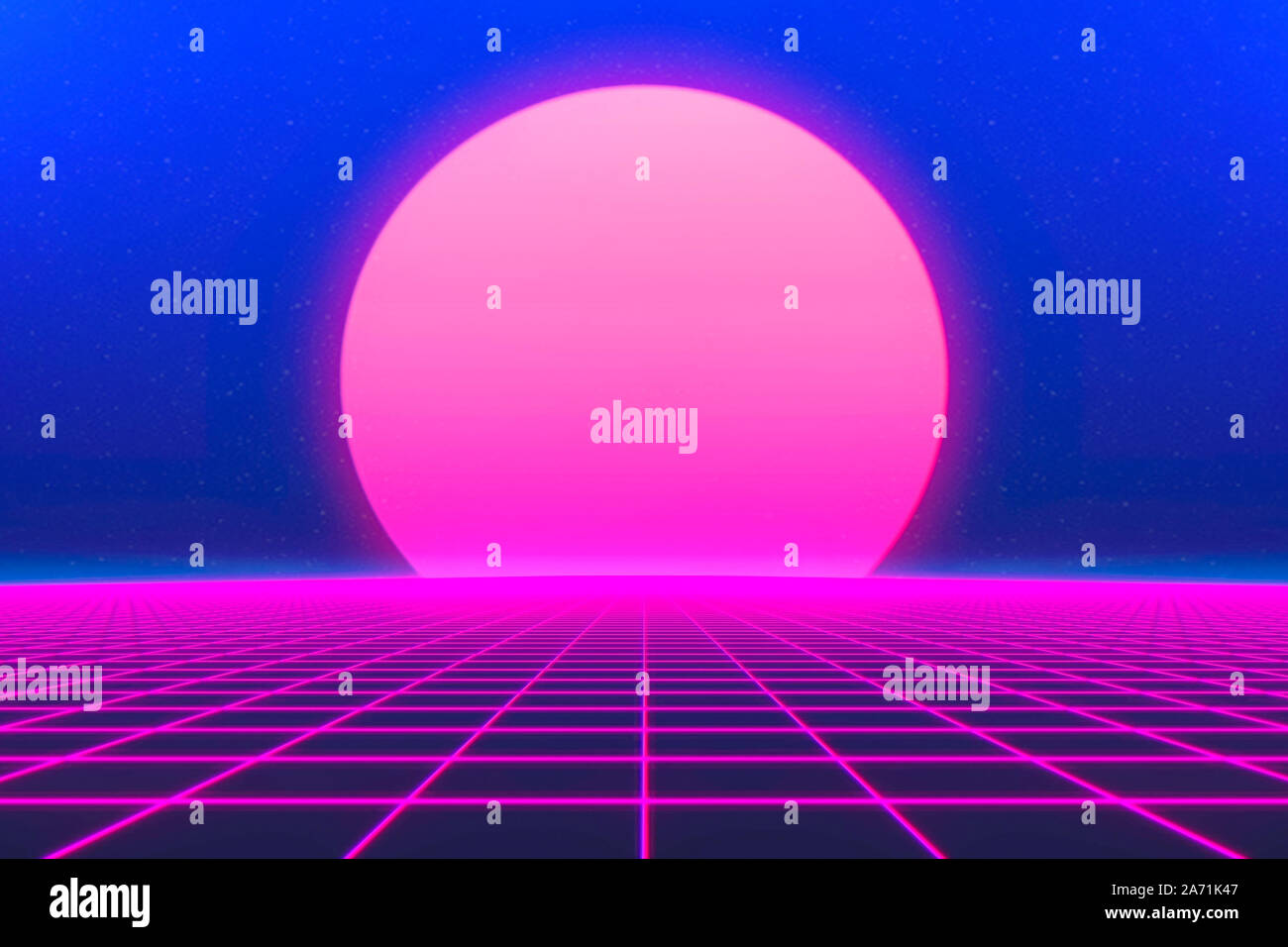 The road to infinity at sunset. Futuristic retro landscape of the 80s ...