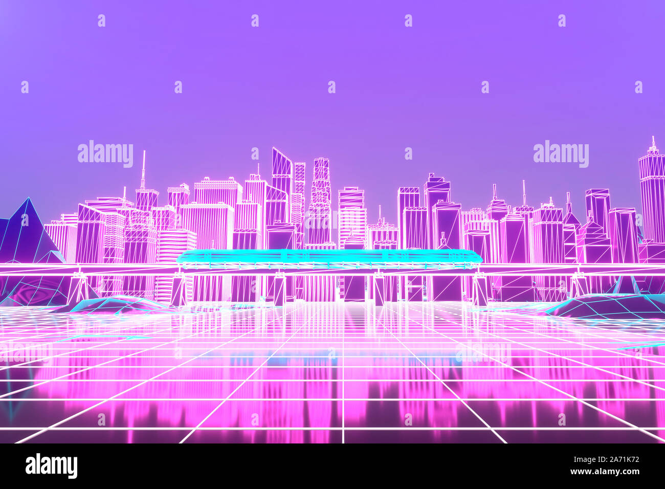 Retro futuristic skyscraper city 1980s style 3d illustration. Digital ...