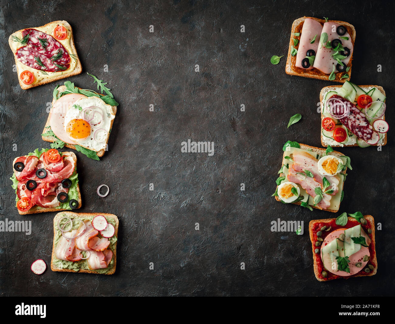 Set of eight different sandwiches with meat, copy space for design or ...