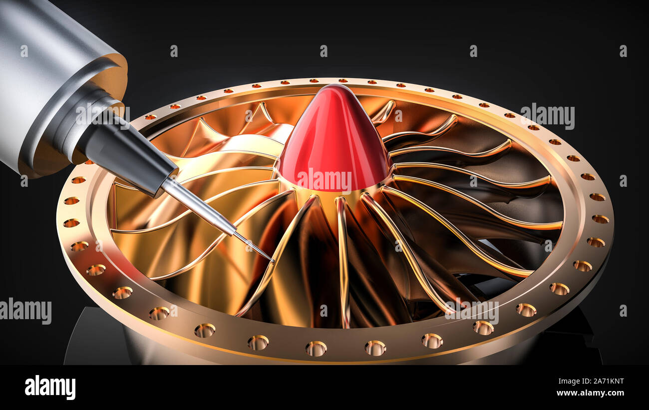 Milling aluminum turbine in five axis CNC machine. Template, mockup ...