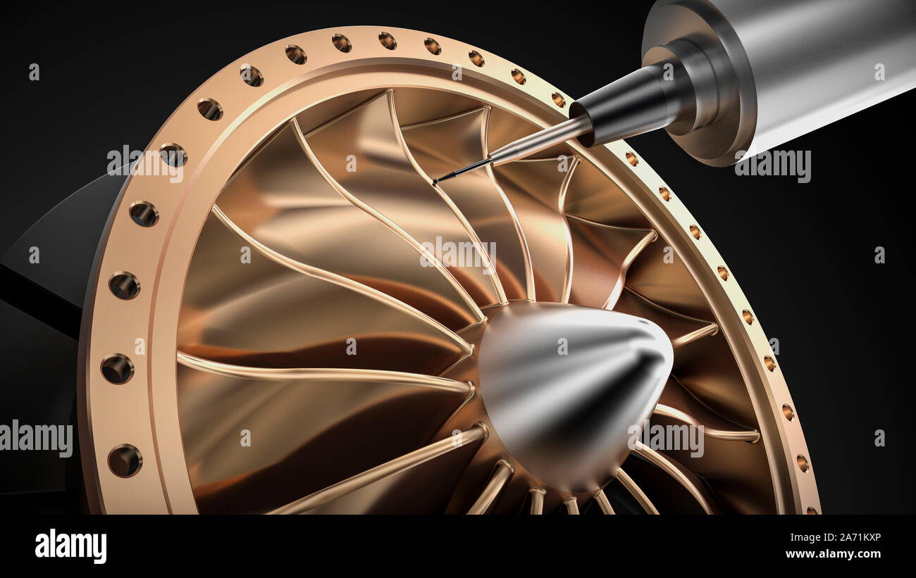 Milling aluminum turbine in five axis CNC machine. Template, mockup ...