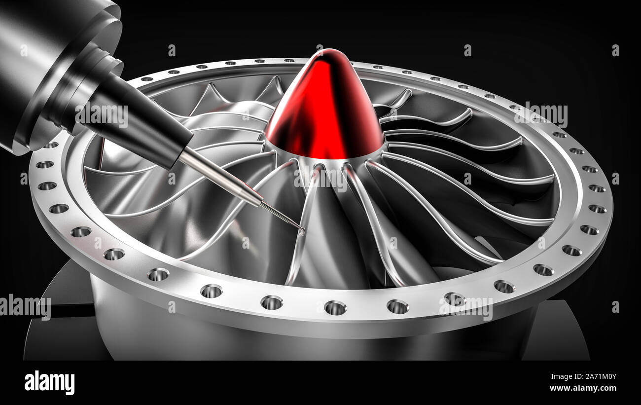 Milling aluminum turbine in five axis CNC machine. Template, mockup ...
