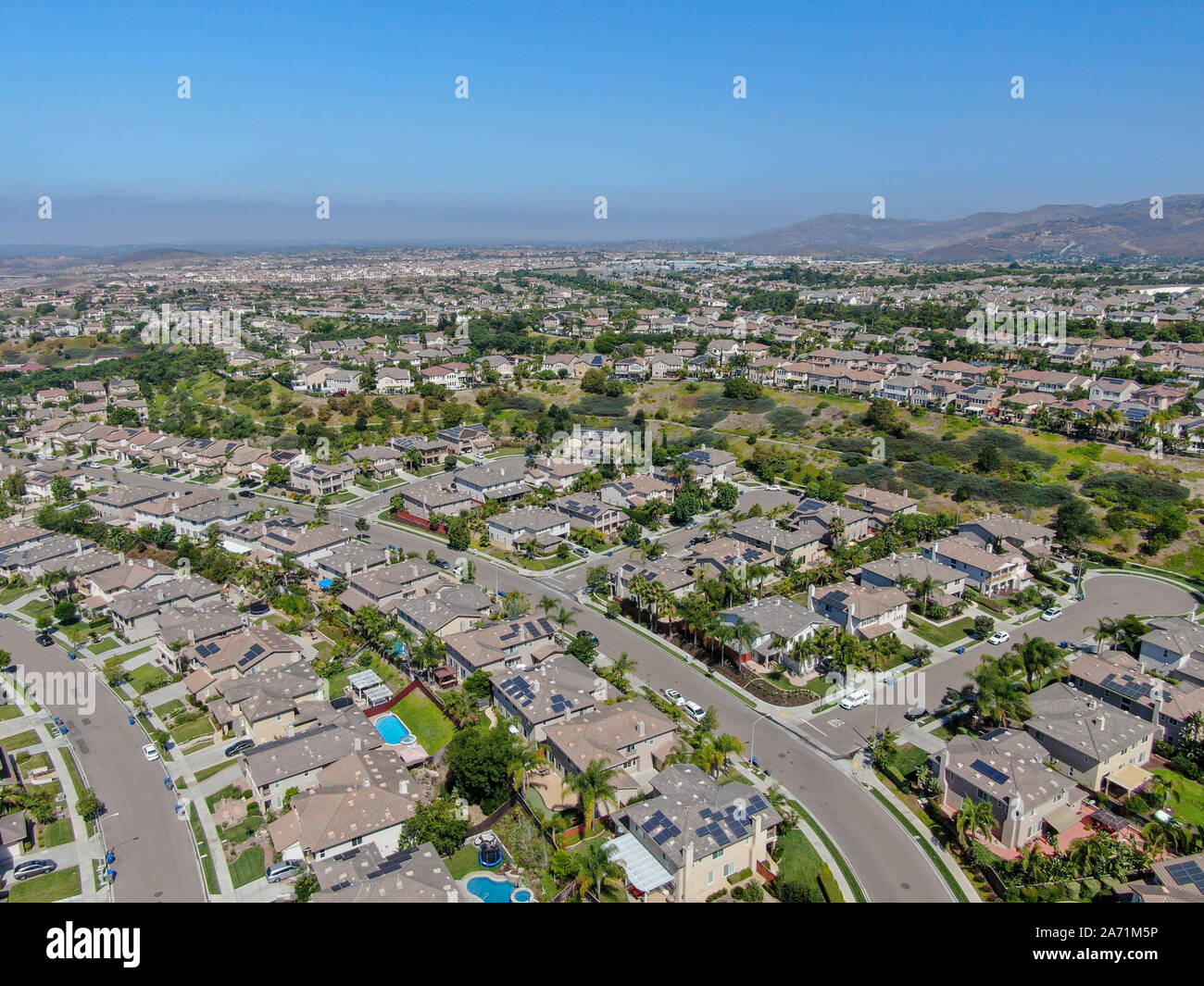 Aerial view suburban neighborhood with big villas next to each other in ...