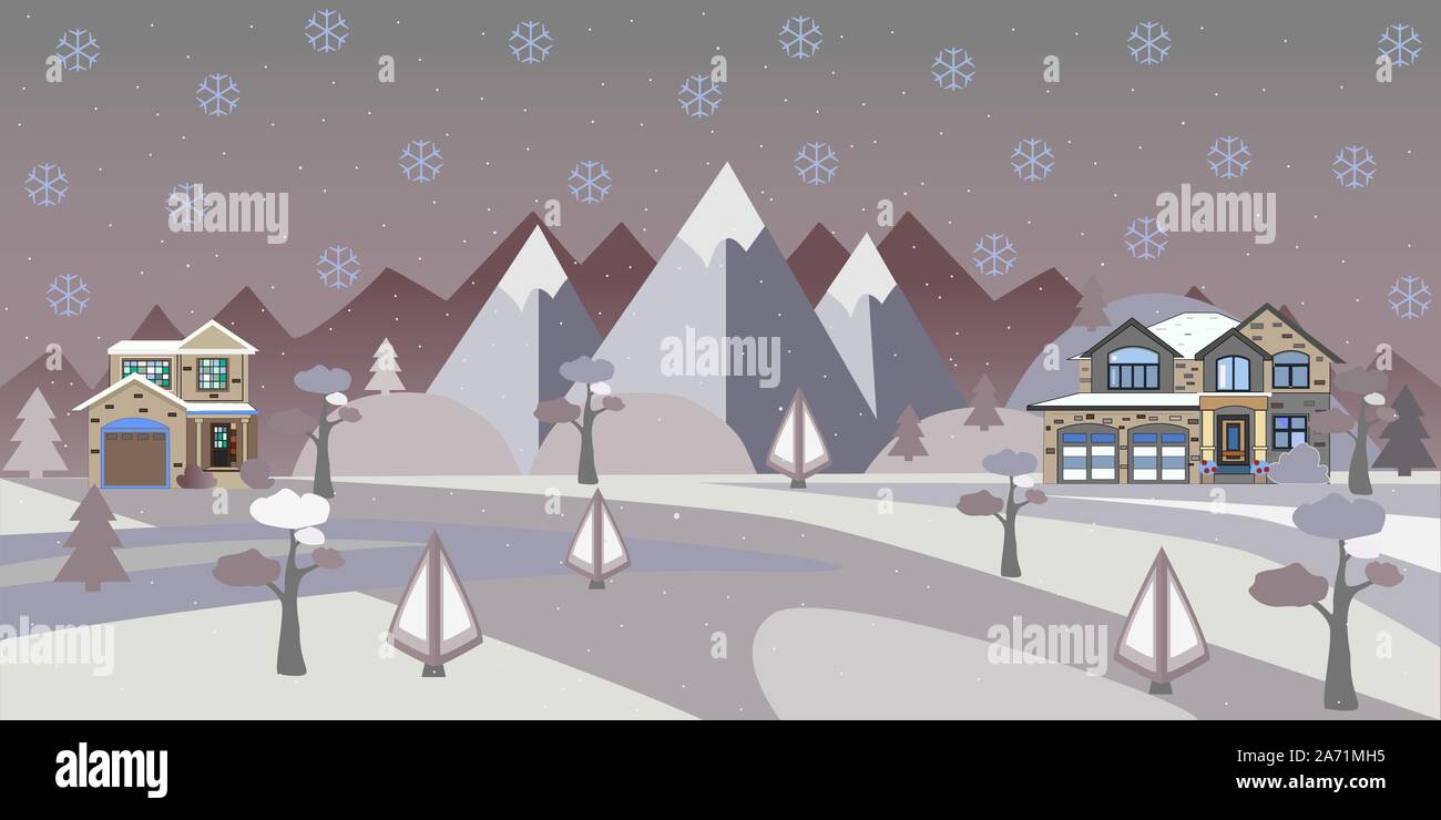 Winter Snowy Landscape with houses, trees and mountains. Suburban ...
